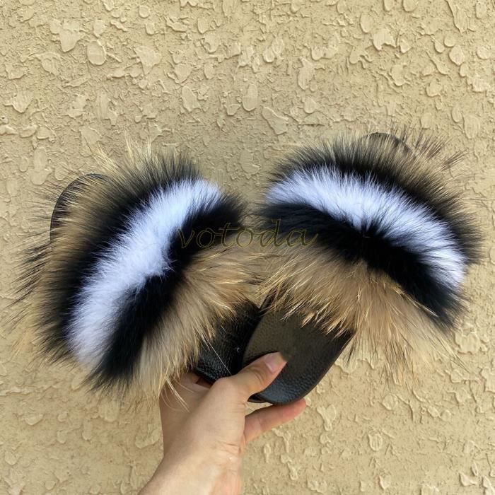 Chausson,Pantoufles en fourrure de renard véritable pour femmes, en ...