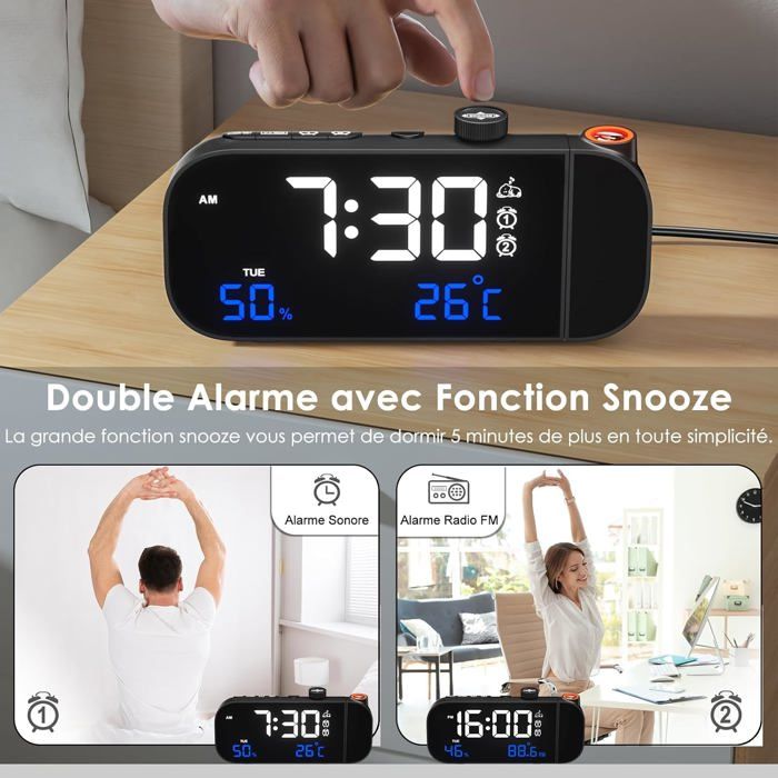 Radio Reveil Projection Plafond, avec Température/Humidité/Snooze ...