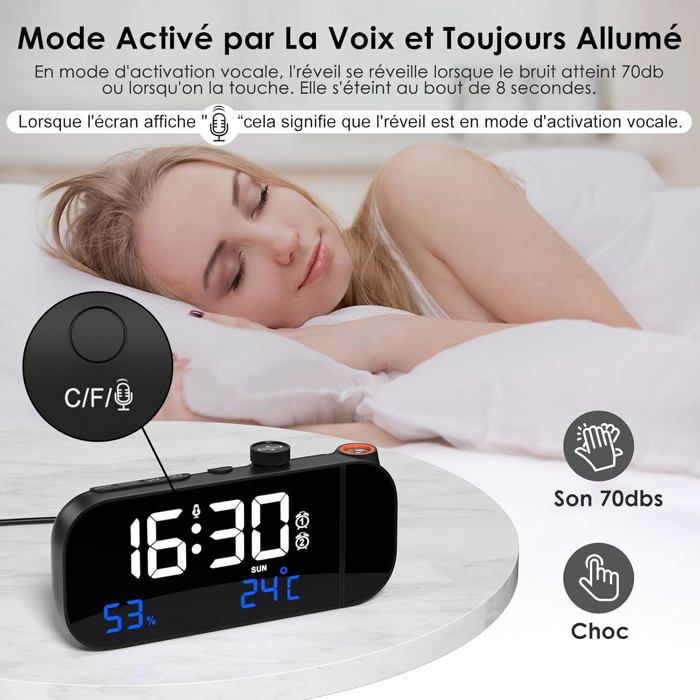 Radio Reveil Projection Plafond, avec Température/Humidité/Snooze ...