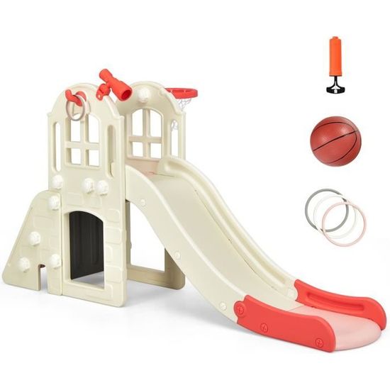 DREAMADE Toboggan Enfant 6 en 1 Glisse de 140CM avec Escalade Panier de Basket, Jeu plain Air ...