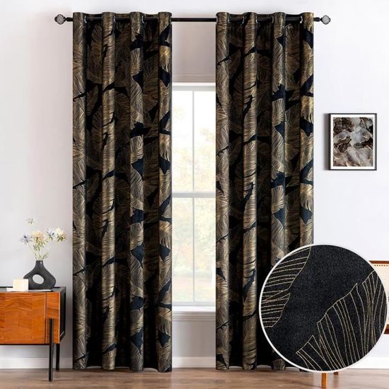 Rideaux Velours Avec Motif Feuilles D'Or, Très Doux Rideau Velour Noir ...
