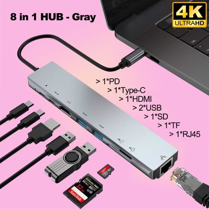 8-en-1 RJ45 Gris - Hub USB C 3.0 type c vers HDMI 4K, adaptateur ...