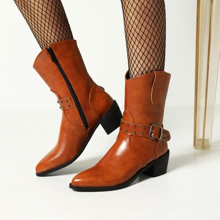 Bottes courtes pour femmes à talons épais et bout pointu assortis l ...
