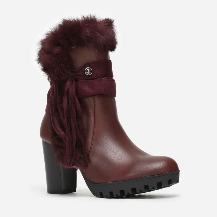 Bottines prune en simili et fausse fourrure Rouge - Cdiscount Chaussures