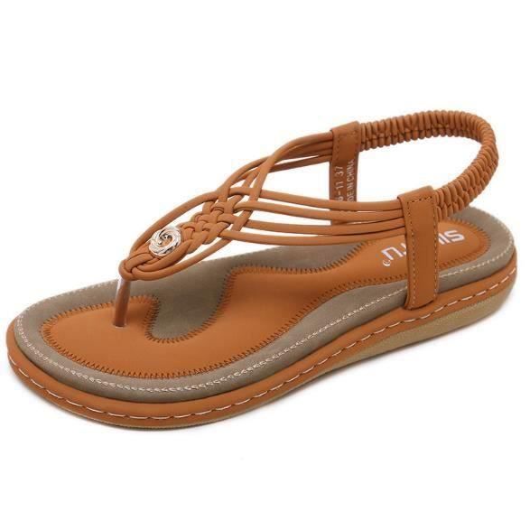 Sandales Simili Cuir Femme Été Plat Boho Tressé Plage Chaussures Brun ...