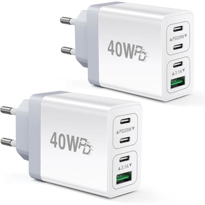 4 Port Usb C Chargeur(Pd20W*2 + 3.1A*2), 40W Adaptateur Prise, 2-Pack Chargeur Usb Multiple ...