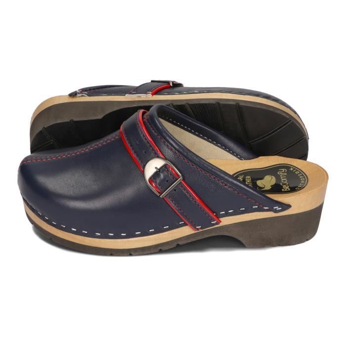 BeComfy Sabots fermés cuir et semelle bois naturel femme - bleu Bleu ...