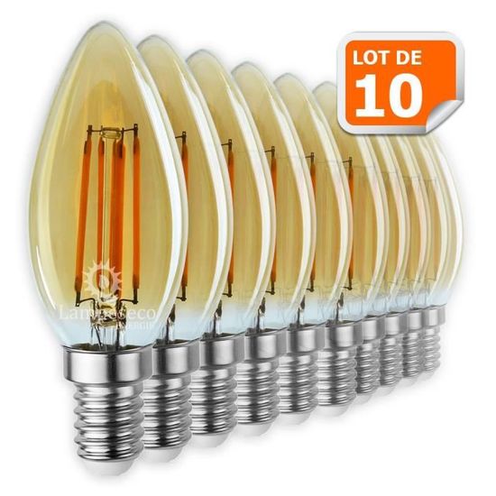 Lot de 10 Ampoules Led Flamme Filament Doré 4W (éq. 42W) Culot E14 - Technologie Led COB à ...
