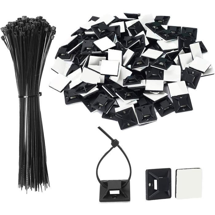Lot de 100 supports adhésifs pour serre-câbles Noir 150 mm Largeur 2 cm ...