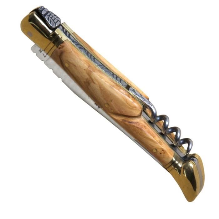 Couteau Laguiole manche en bois d'olivier avec tire-bouchon et mitres en laiton - 12 cm ...