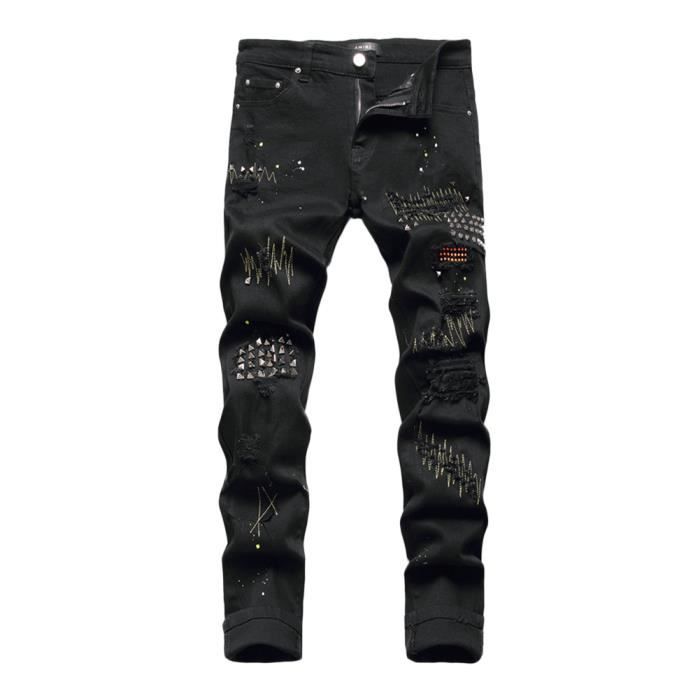 Homme Casual Jeans à Trou Coupe Slim Jean Déchiré Jeans Droits Clouté ...