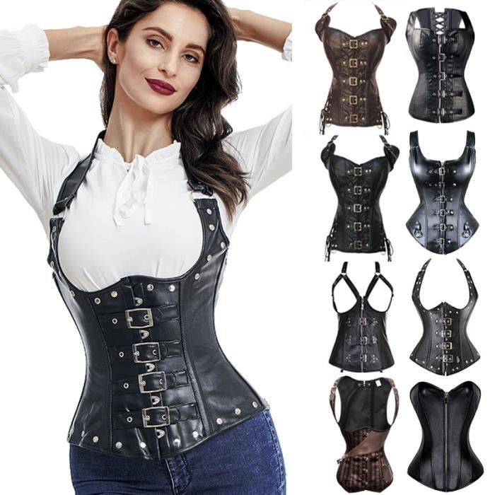 Sexy Cuir Bustier Steampunk Corset Acier Désossé Corselet Surbuste à