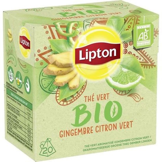 LOT DE 10 - LIPTON Thé vert aromatisé gingembre citron vert bio 20 ...