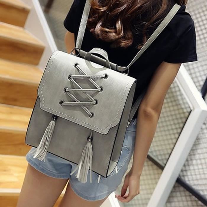 Sac à Dos Lacet Gland En Cuir Pu Double épaule Dames à Main (gris ...