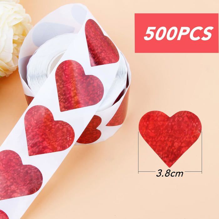 (500Pcs 3,8Cm) Autocollant Holographique Coeur Rouge Stickers De La ...