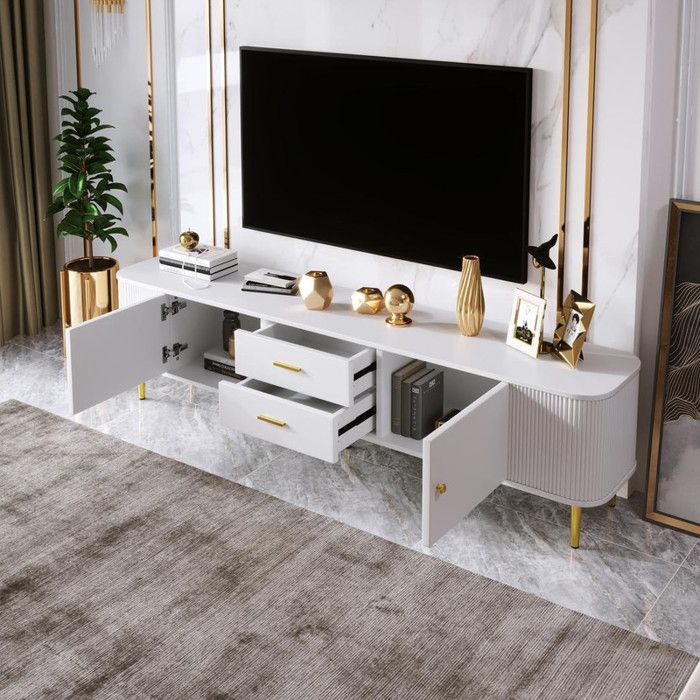Meuble TV avec tiroirs, coins incurvés, Armoire TV de salon avec côtés ...