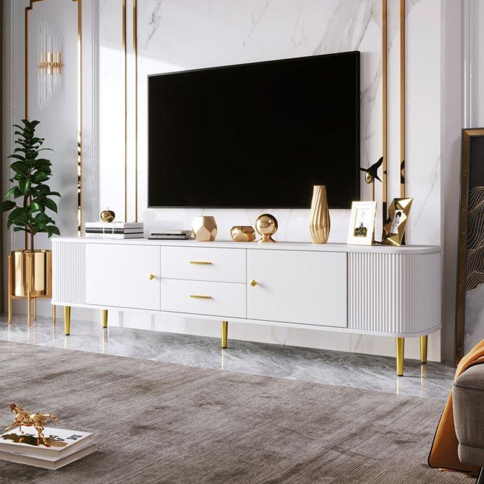 Meuble TV avec tiroirs, coins incurvés, Armoire TV de salon avec côtés ...