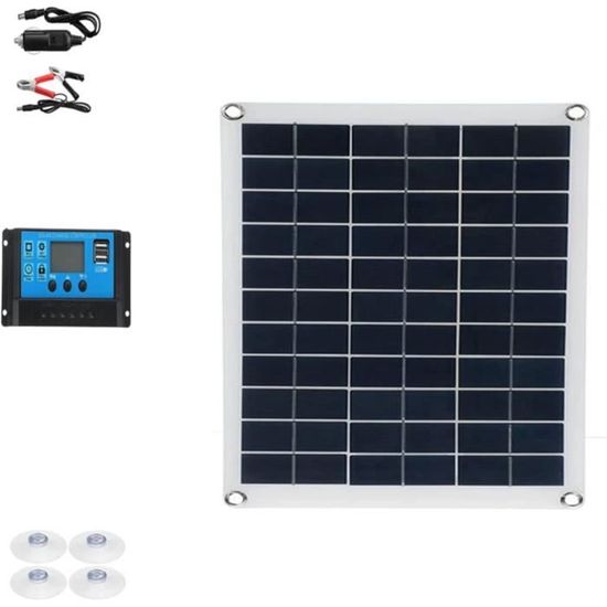 Kit Panneau Solaire 100W 18V Monocristallin avec Contrôleur de Charge Solaire 60A + Câble d ...
