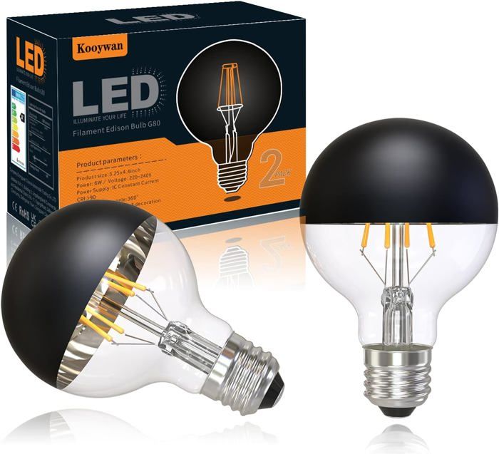 Tte de miroir noir G80 E27 Ampoule LED filament 6 W 2700K Blanc chaud ...