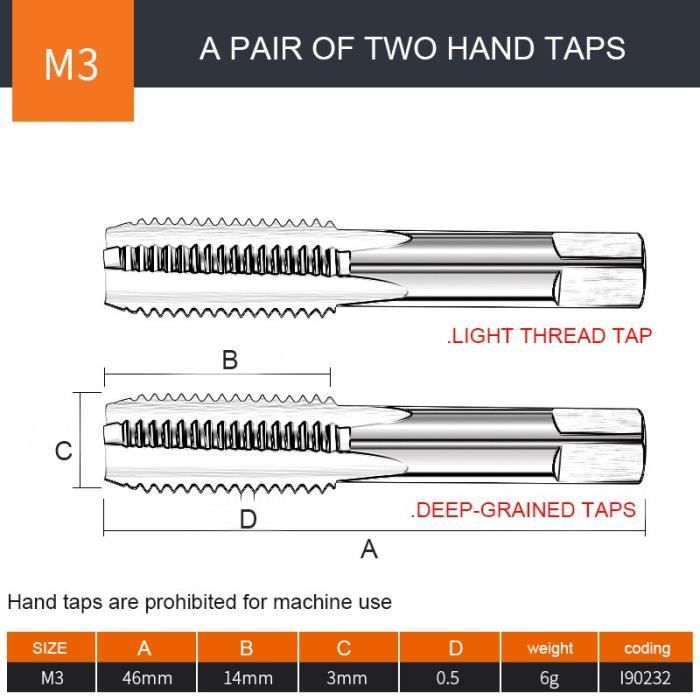 Clé et douille,taraud à filetage pour main droite,2 pièces,HSS,Machine,taraud à vis métrique ...