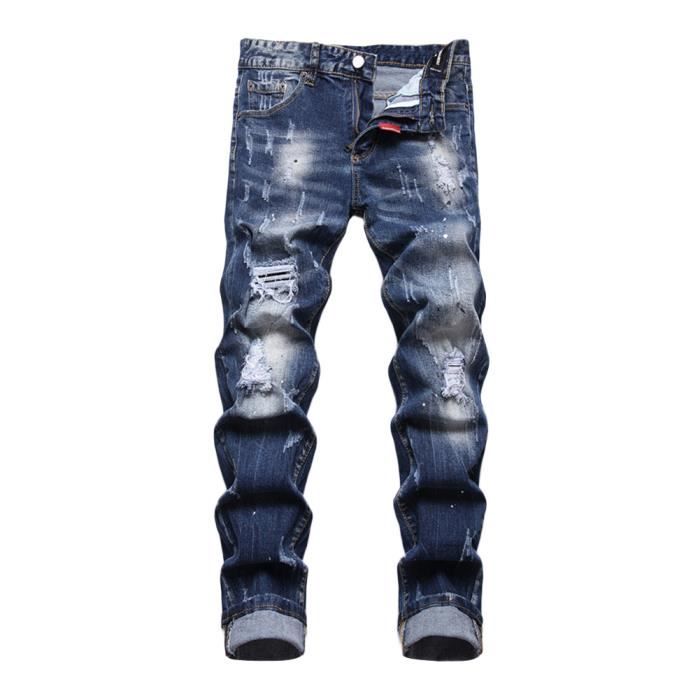 Jean Troué Homme Slim Fit Jeans Déchiré avec Fermeture Éclair Casual ...