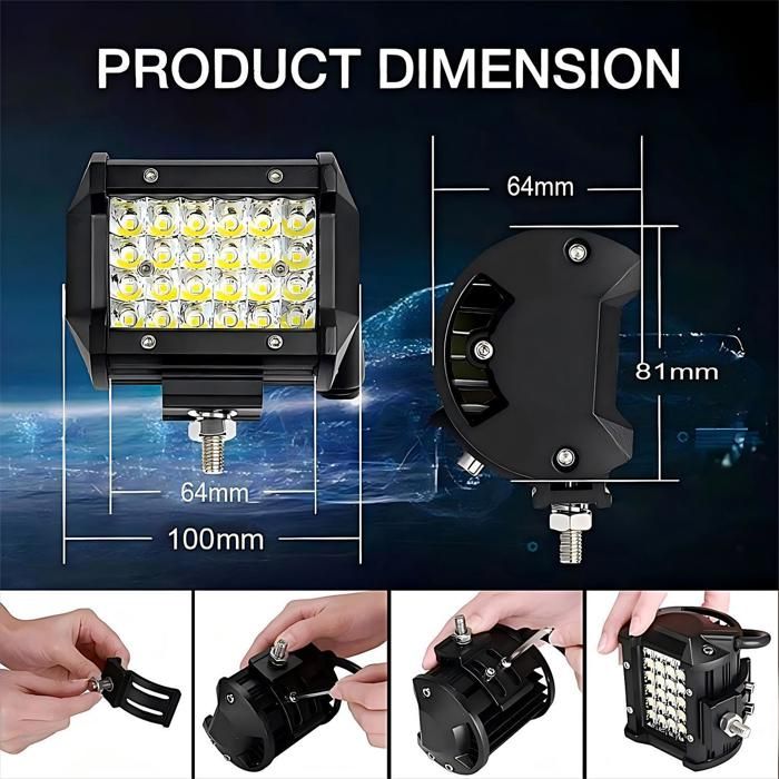 Rampe de Phare de Travail LED 2x72w, 12V 24V, Carré Projecteurs Lumière ...