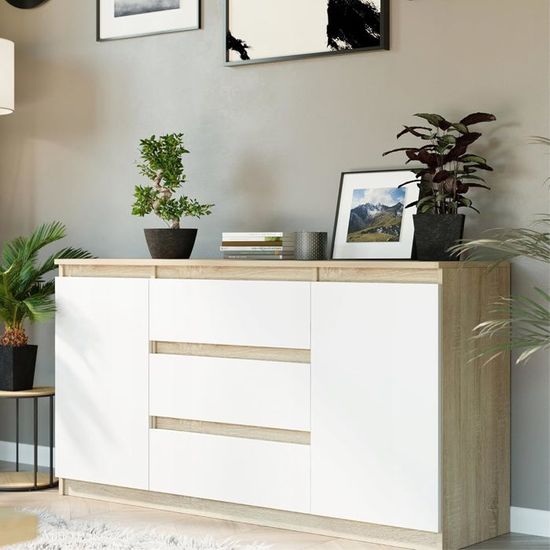 Meuble buffet 2 portes 3 tiroirs - Buffet de salon large - 139x40x76 cm ...