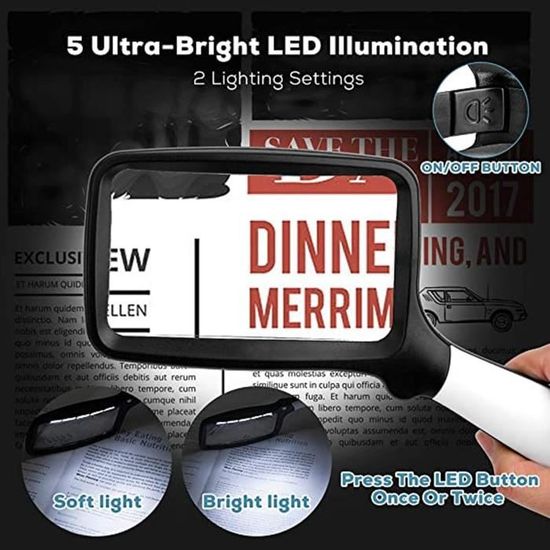 Loupe à main pliante avec lumière 5 LED 3X Grande loupe de lecture rectangulaire avec LED ...