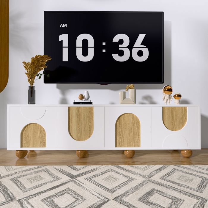 Meuble TV Bas - Moderne - Blanc et Bois - 4 Portes et Rangements pour ...