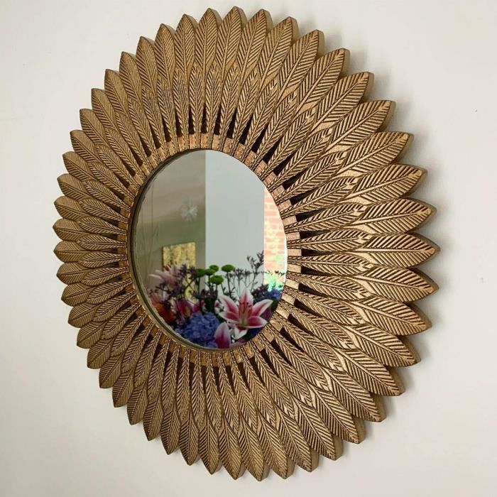 Grand Miroir Mural Rond En Verre Avec Cadre En Bois Et Plumes Doré ...