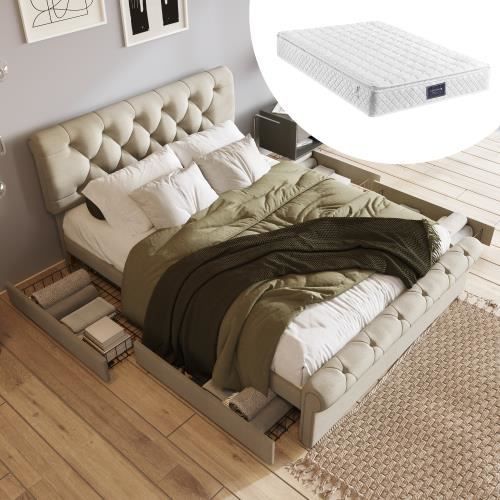 MERAX lit double capitonné 140x200cm, avec 4 tiroirs, tête de lit ...