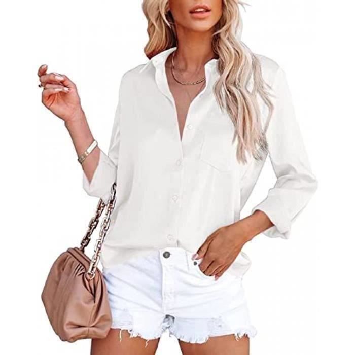 Femme Satin Chemisier Élégant Col en V Blouse Boutons Chemise à Manches Longues Shirt Business ...
