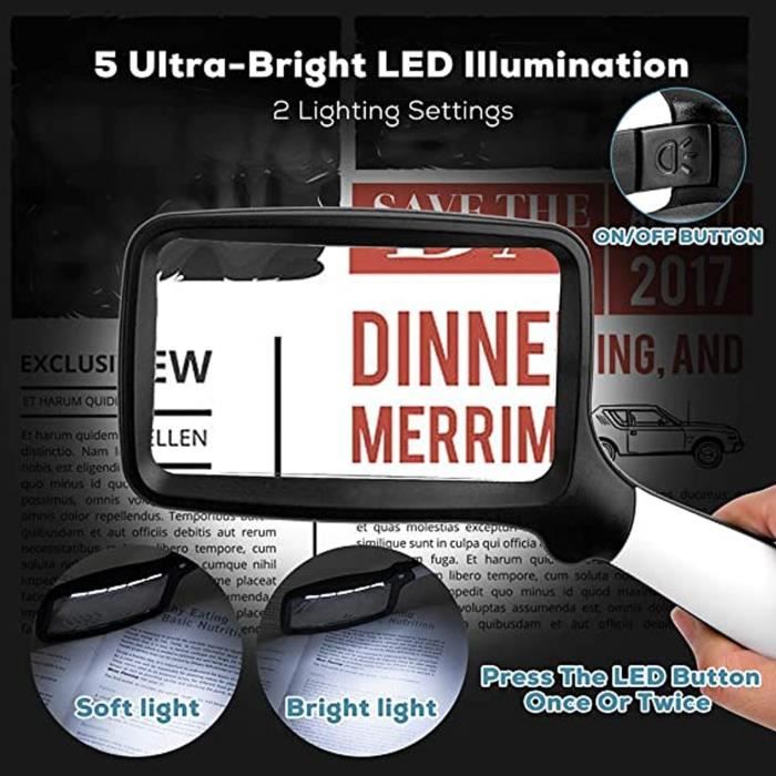 Loupe à main pliante avec lumière 5 LED 3X Grande loupe de lecture rectangulaire avec LED ...