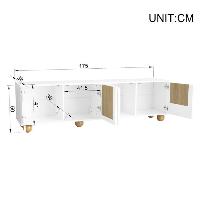 Meuble TV Bas - Moderne - Blanc et Bois - 4 Portes et Rangements pour ...