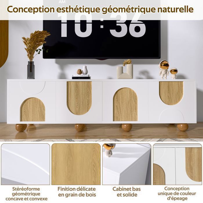 Meuble TV Bas - Moderne - Blanc et Bois - 4 Portes et Rangements pour ...
