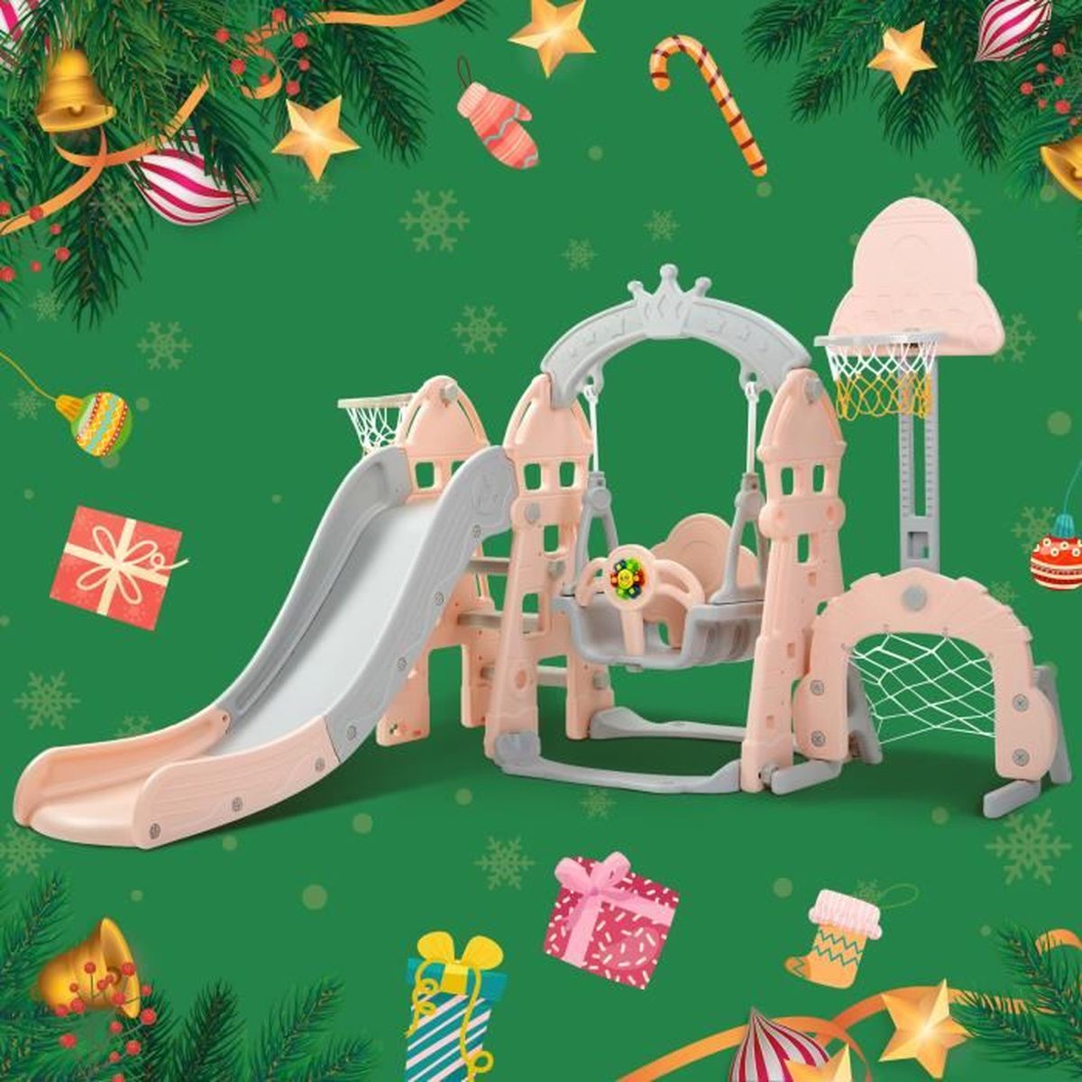 Toboggan de jardin pour enfants, 5 en 1 avec panier de basket, but de ... Toboggan de jardin pour enfants, 5 en 1 avec panier de basket, but de ...