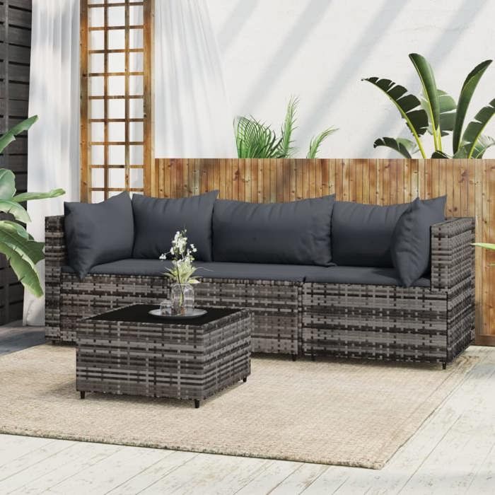 BEAU Sofa de balcon - Salon de jardin 4 pcs - avec coussins - Gris ...