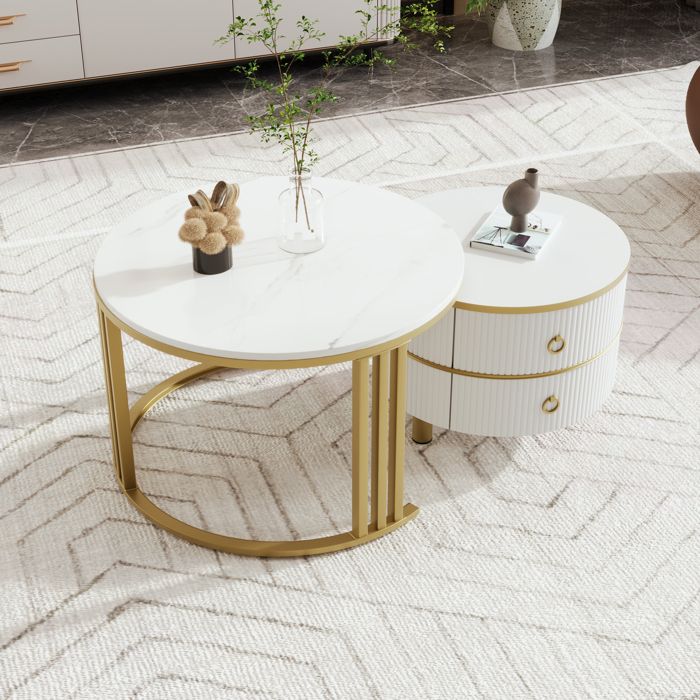 MODFU Table basse gigogne ronde 2 en 1 avec plateau brillant et 1 ...