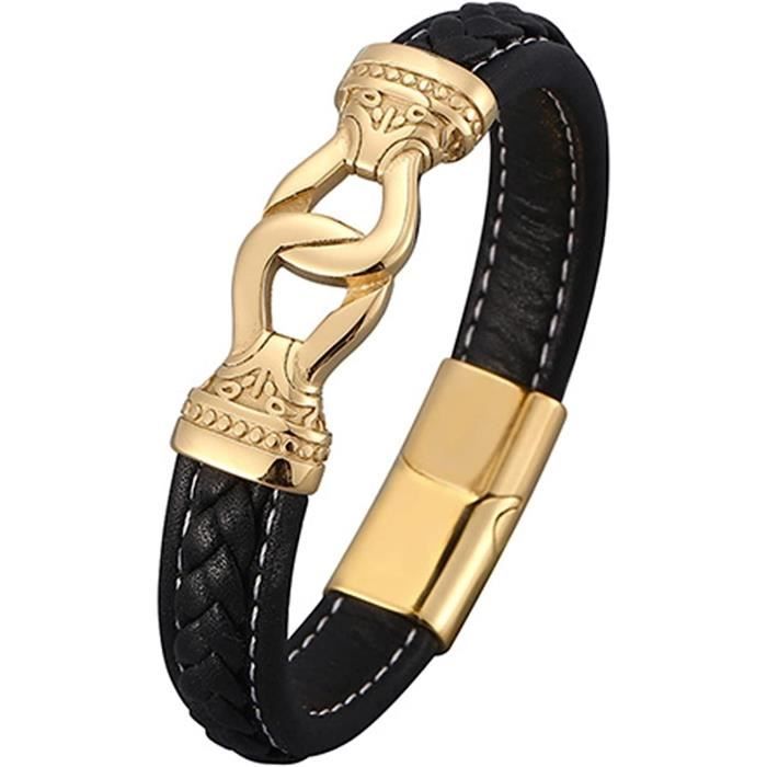 Bracelet Homme Doré En Cuir Tressé Brun Avec Boucle Acier Inoxydable ...