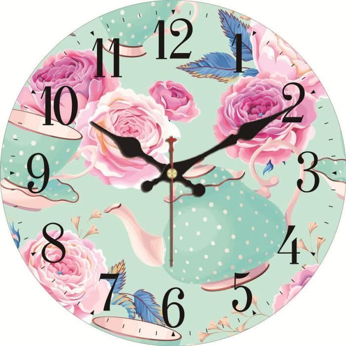 Horloge murale - Vintage - 16 pouces (40 cm) - Silencieuse - Multicolore - Roses et fleurs ...