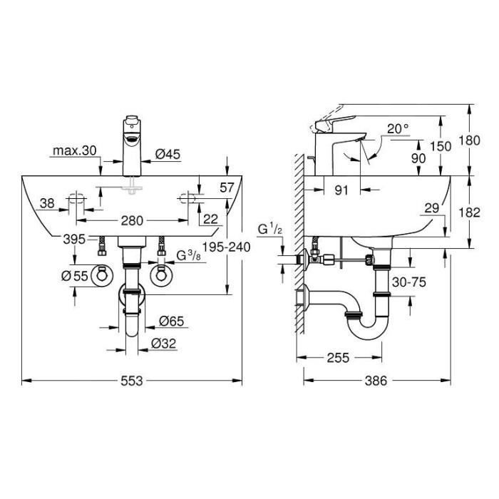GROHE BAU CERAMIC - SET DE LAVABO 550 MM ET ROBINET STARTEDGE AVEC VID ...