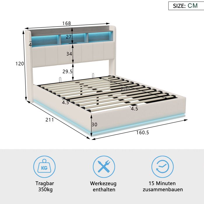 Lit Double 160x200 - Avec LEDs RGB - Tête de lit Velours Blanc ...