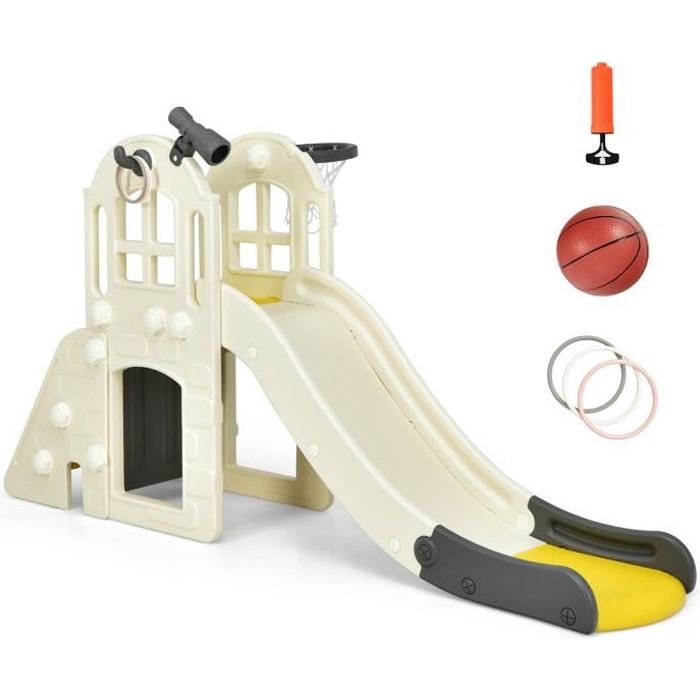 DREAMADE Toboggan Enfant 6 en 1 Glisse de 140CM avec Escalade Panier de Basket, Jeu plain Air ...