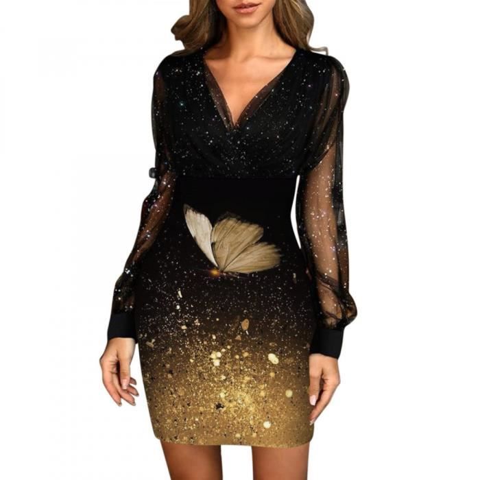 Robes Femmes Col V Robe Manches Longues Tunique Élégant Dentelle Soirée ...