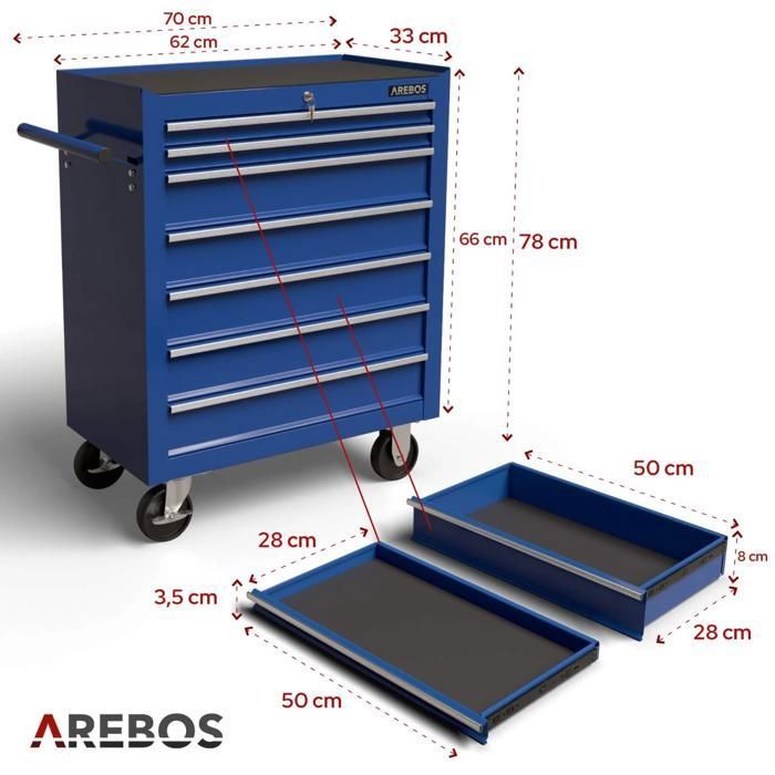 AREBOS Chariot à outils 7 tiroirs, robuste, sécurisé, avec roulettes ...