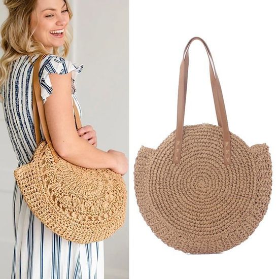 Sac de paille rond d'été pour femmes, sac à bandoulière en rotin tissé ...