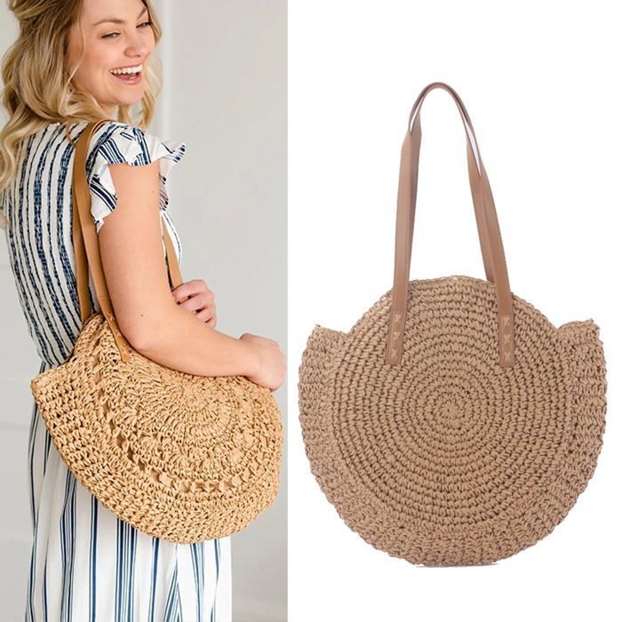 Sac de paille rond d'été pour femmes, sac à bandoulière en rotin tissé ...
