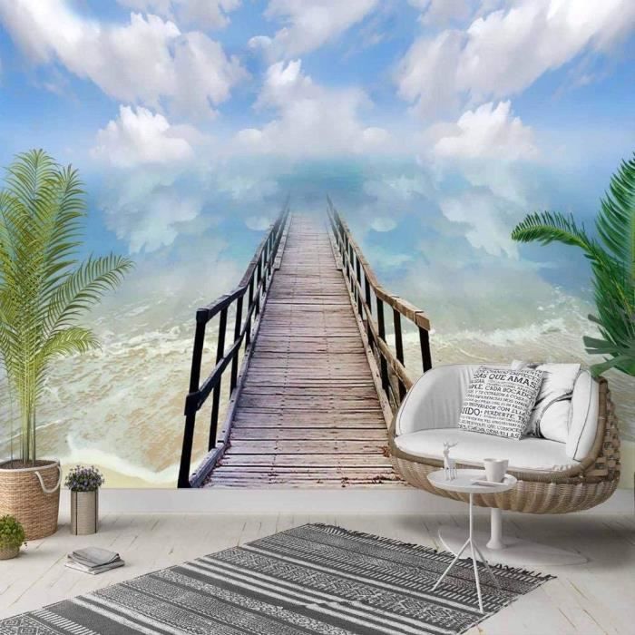 LIWI-Pont gris photo 3D de mer tropicale ciel bleu lavable tissu mur ...