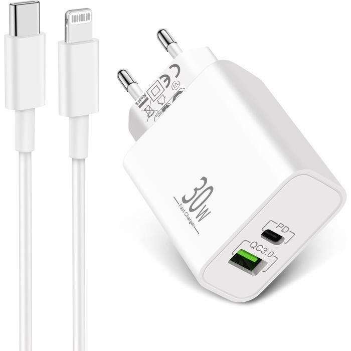 Chargeur Usb C 30W Et Câble Iphone 2M, Adaptateur Secteur 2 Ports Avec Câble Usb-C Vers ...
