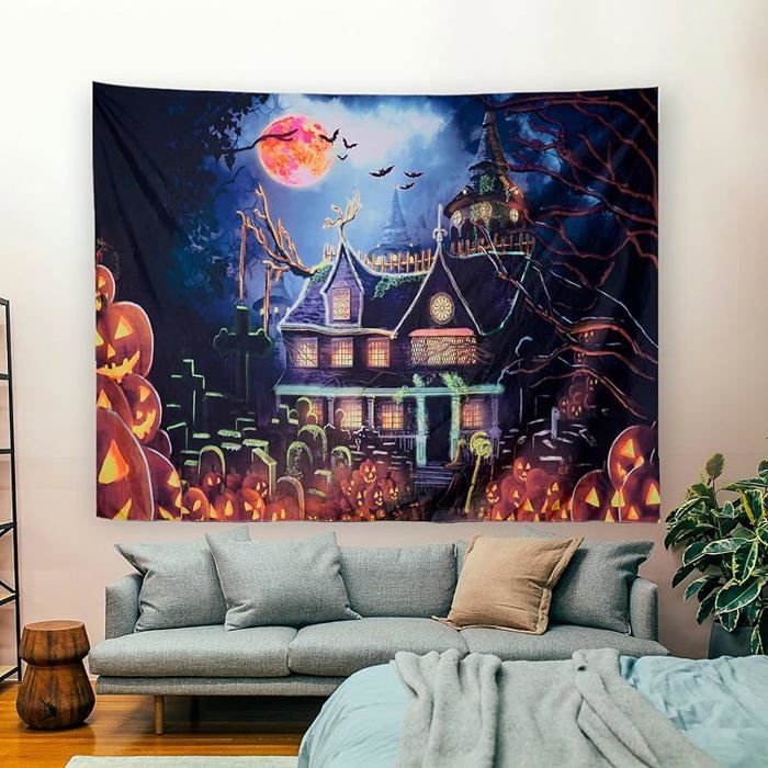 Lumière noire Château Tapisserie 180X230CM Citrouille Chauve souris ...